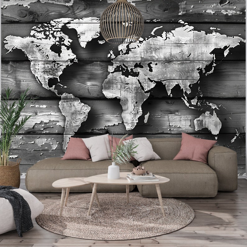 Rustic World Map Peel and Stick Wallpaper, Monochrome Textured Canvas ...