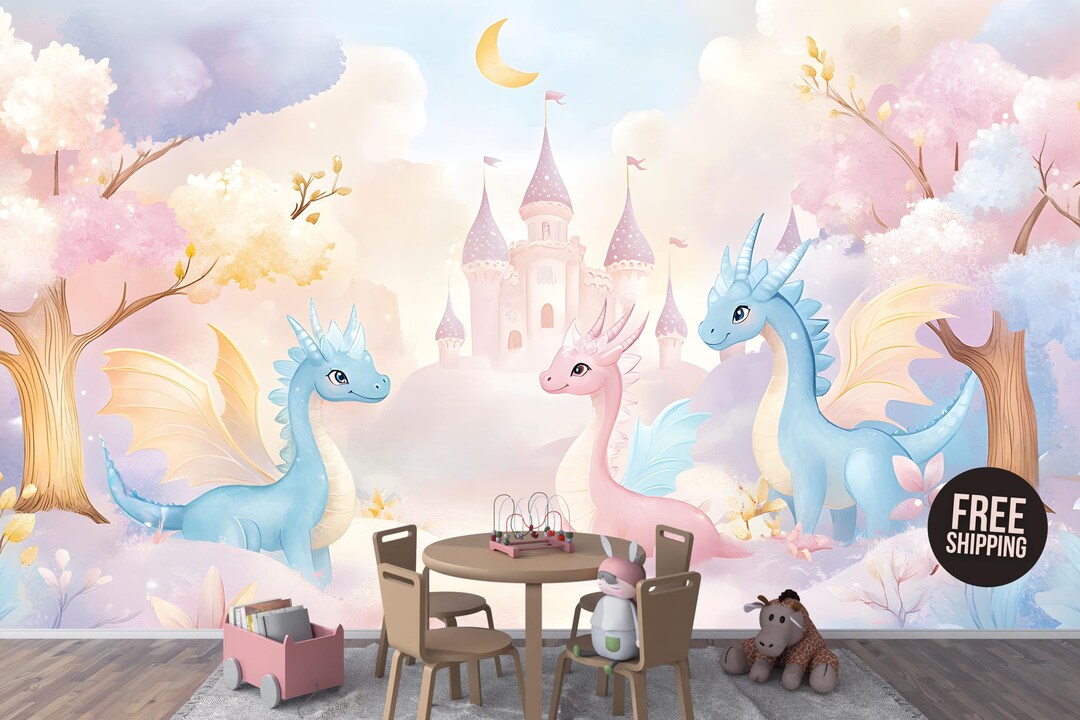 Fairy Tale Castle Dragon Peel and Stick Wallpaper Mural – Whimsical and ...