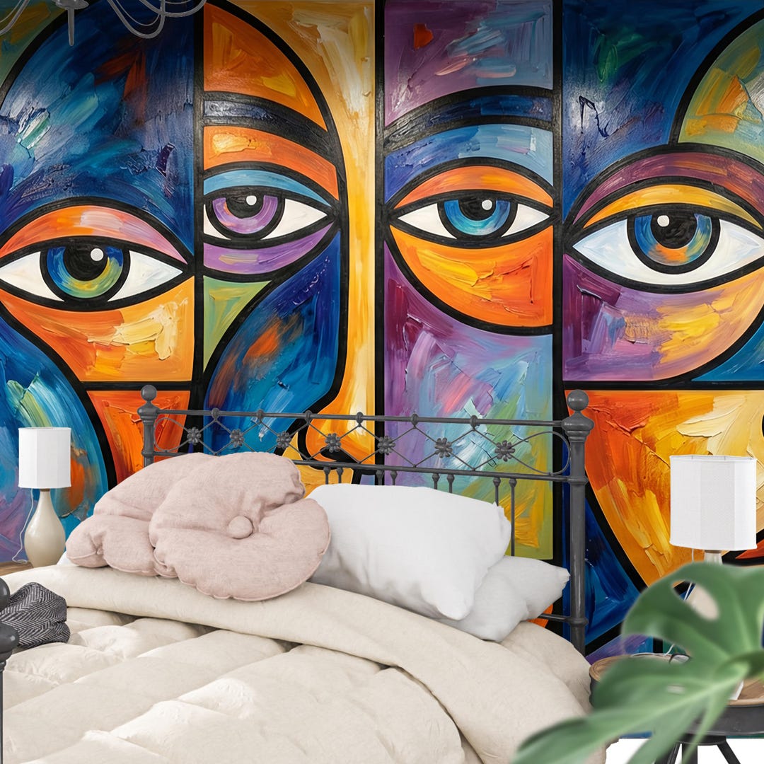 Abstract Cubist Faces Wallpaper Mural - Colorful Modern Art Peel and ...