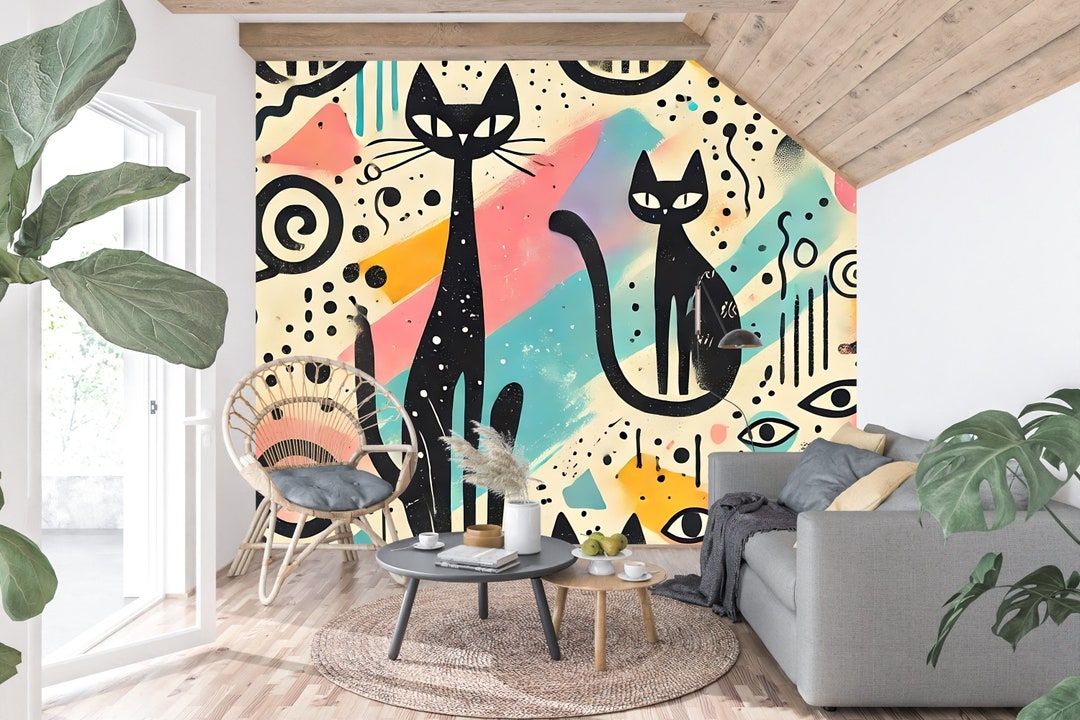 DIY Cat Peel and Stick Wallpaper Whimsical Cat Design Pallpaper Mural ...