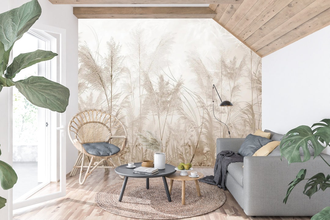 Neutral Pampas Grass Peel and Stick Wallpaper – Textured Matte Canvas ...