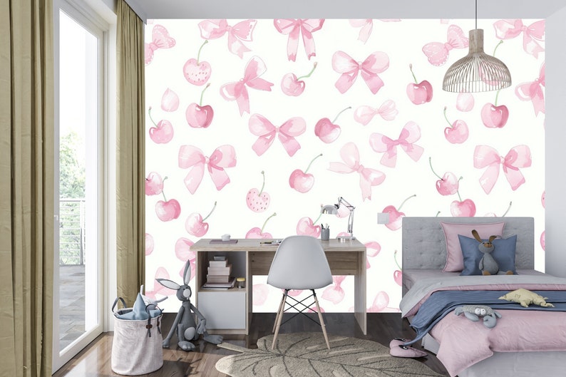 Girly Pink Bows and Cherry Nursery Wallpaper Mural Decal Peel and Stick ...