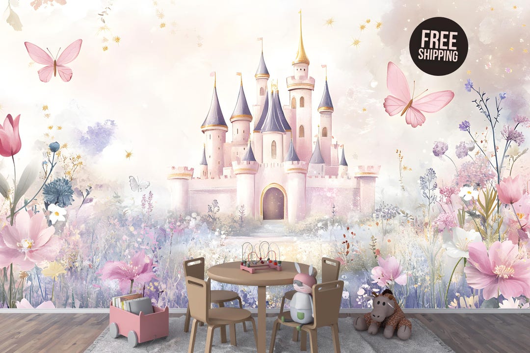 Nursery Pink Fairy Tale Castle Peel and Stick Wallpaper Mural Decal ...