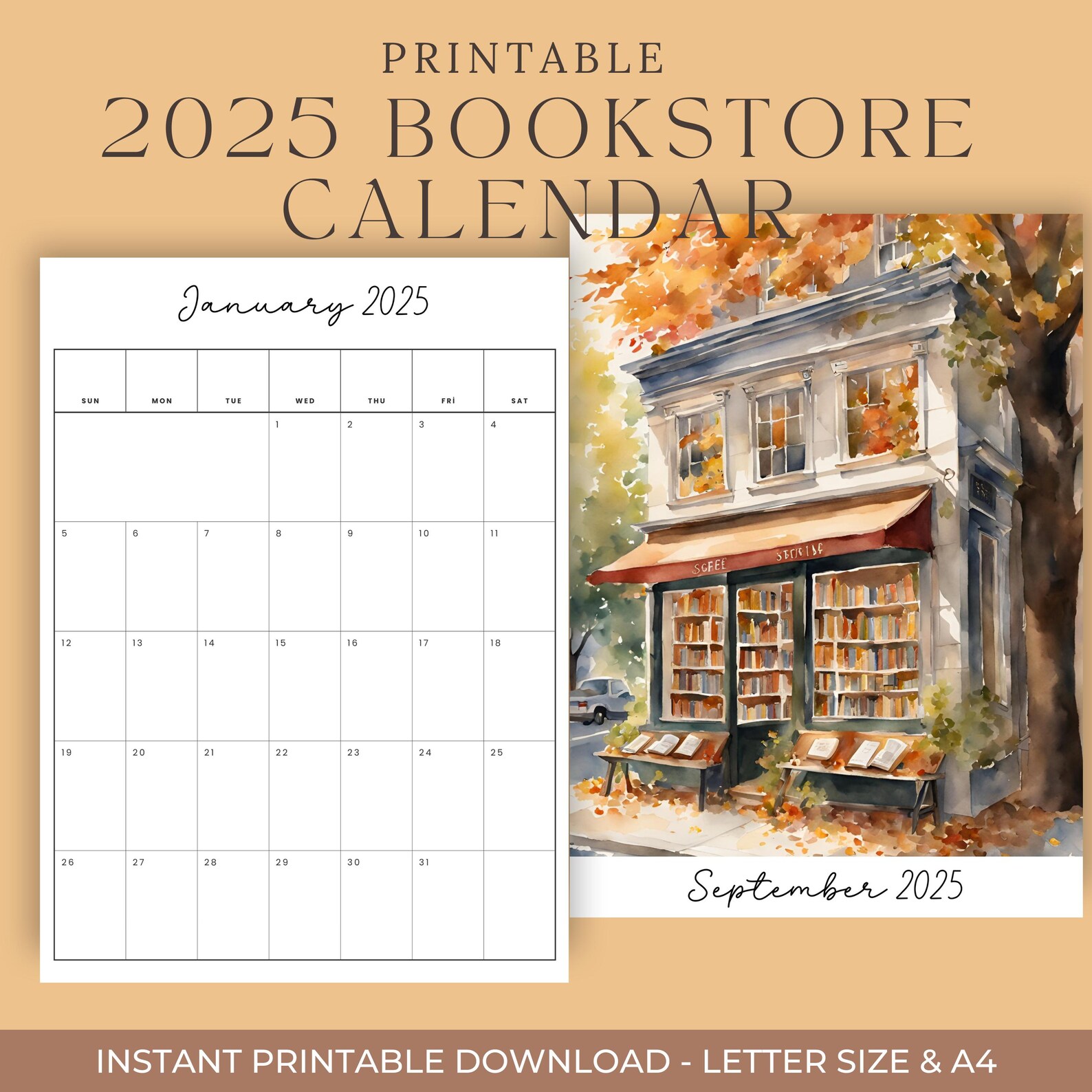Watercolor Bookstore Print 2025 Wall Calendar, Bookshop Monthly Planner ...