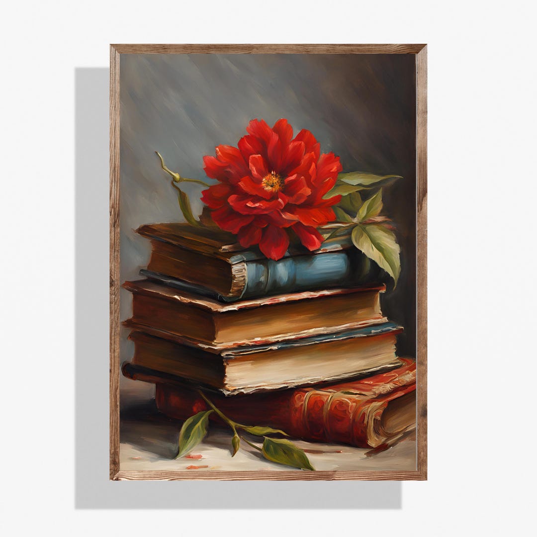 Vintage Book Stack Art Print, Farmhouse Decor, Cottagecore Wall Art ...