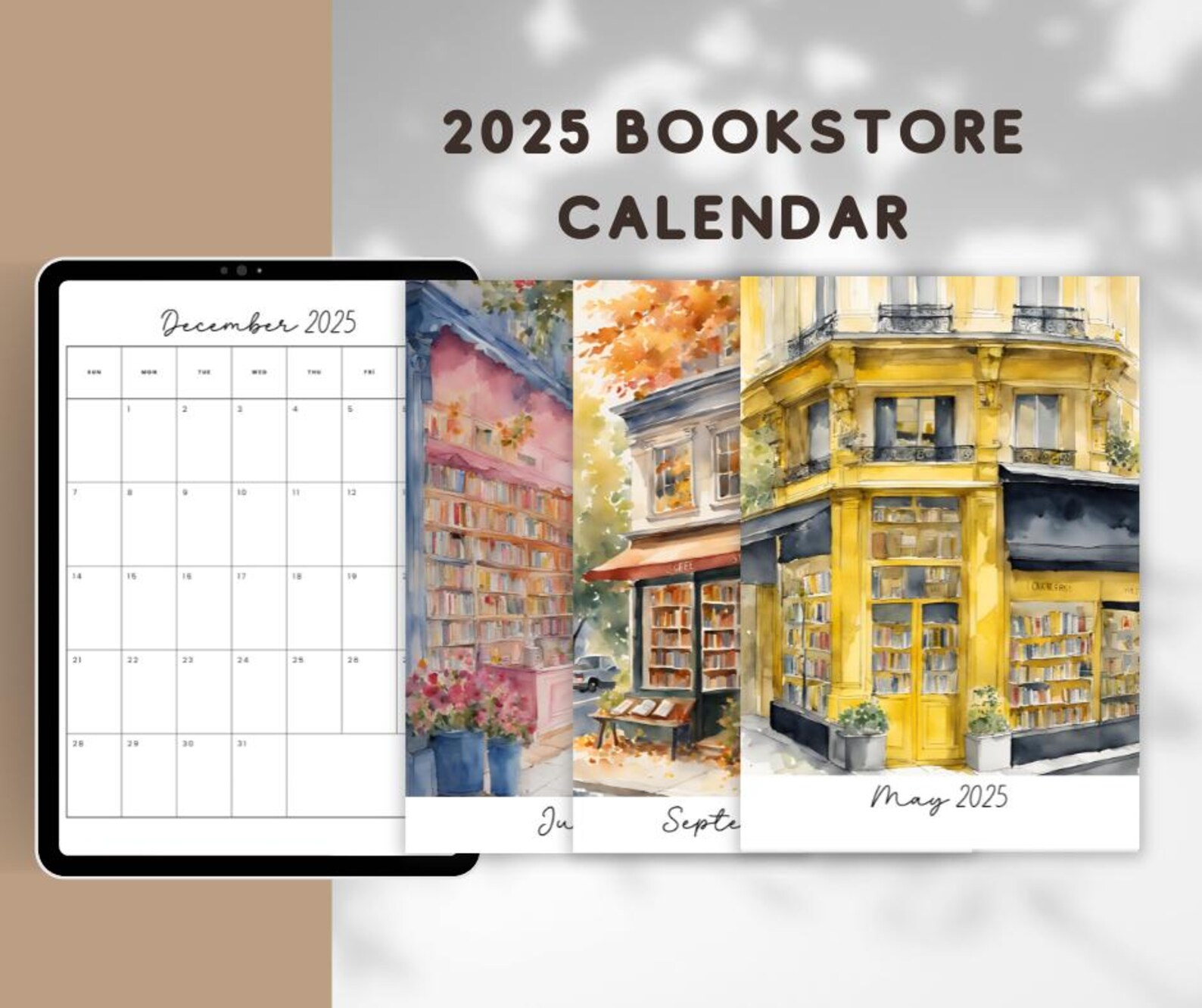 Watercolor Bookstore Print 2025 Wall Calendar, Bookshop Monthly Planner ...