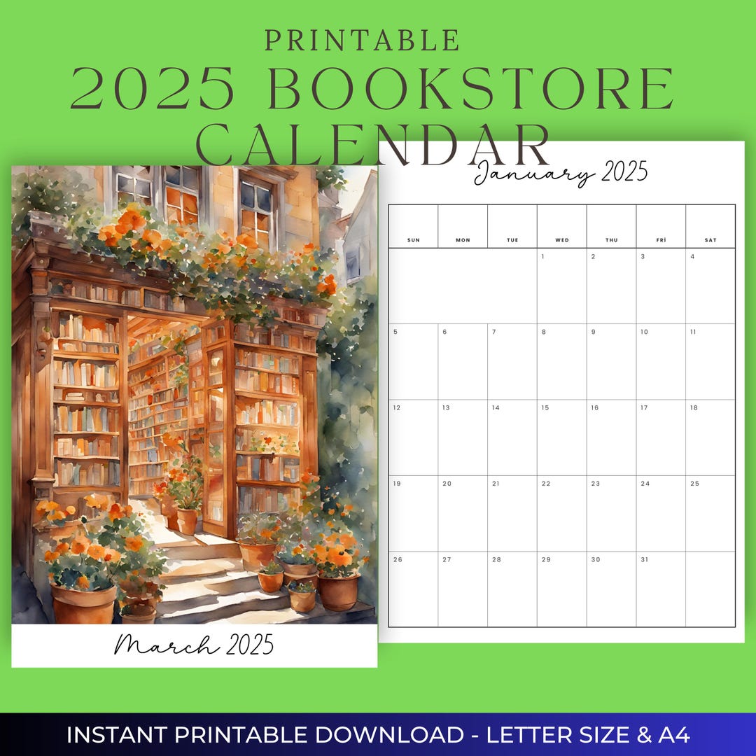 Watercolor Bookstore Print 2025 Wall Calendar, Bookshop Monthly Planner ...