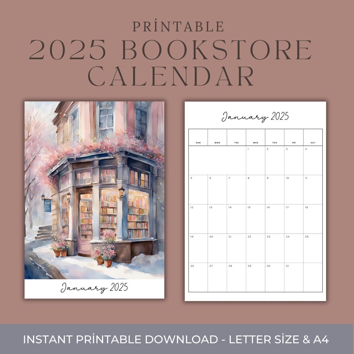 Watercolor Bookstore Print 2025 Wall Calendar, Bookshop Monthly Planner ...