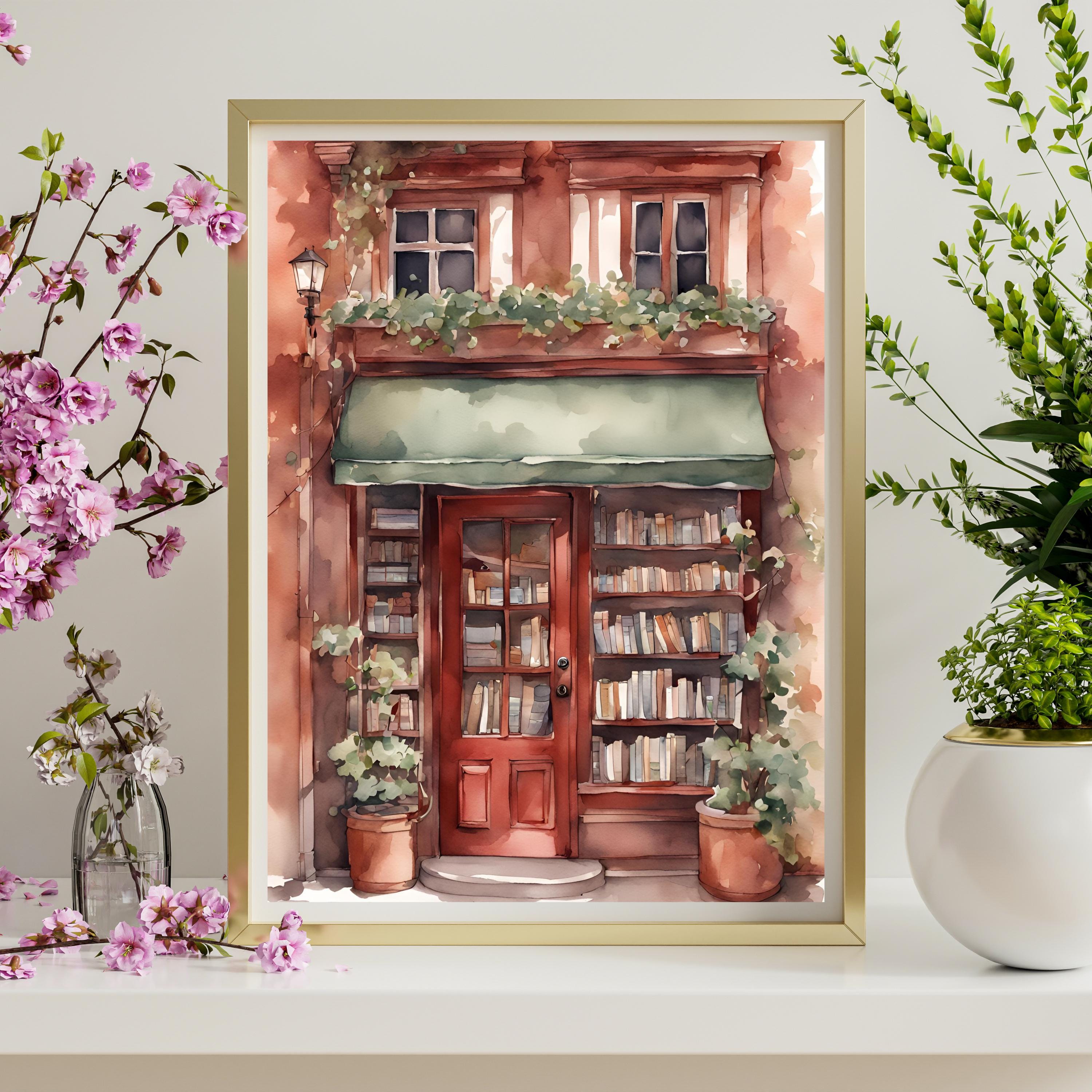 Red Bookstore Watercolor Art Print: Book Lover Library Decor (digital ...