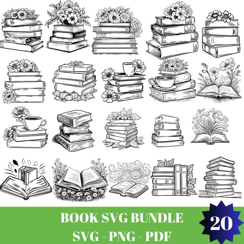 Floral Book Stack SVG Collection: Reading Designs (PNG, PDF) - Etsy
