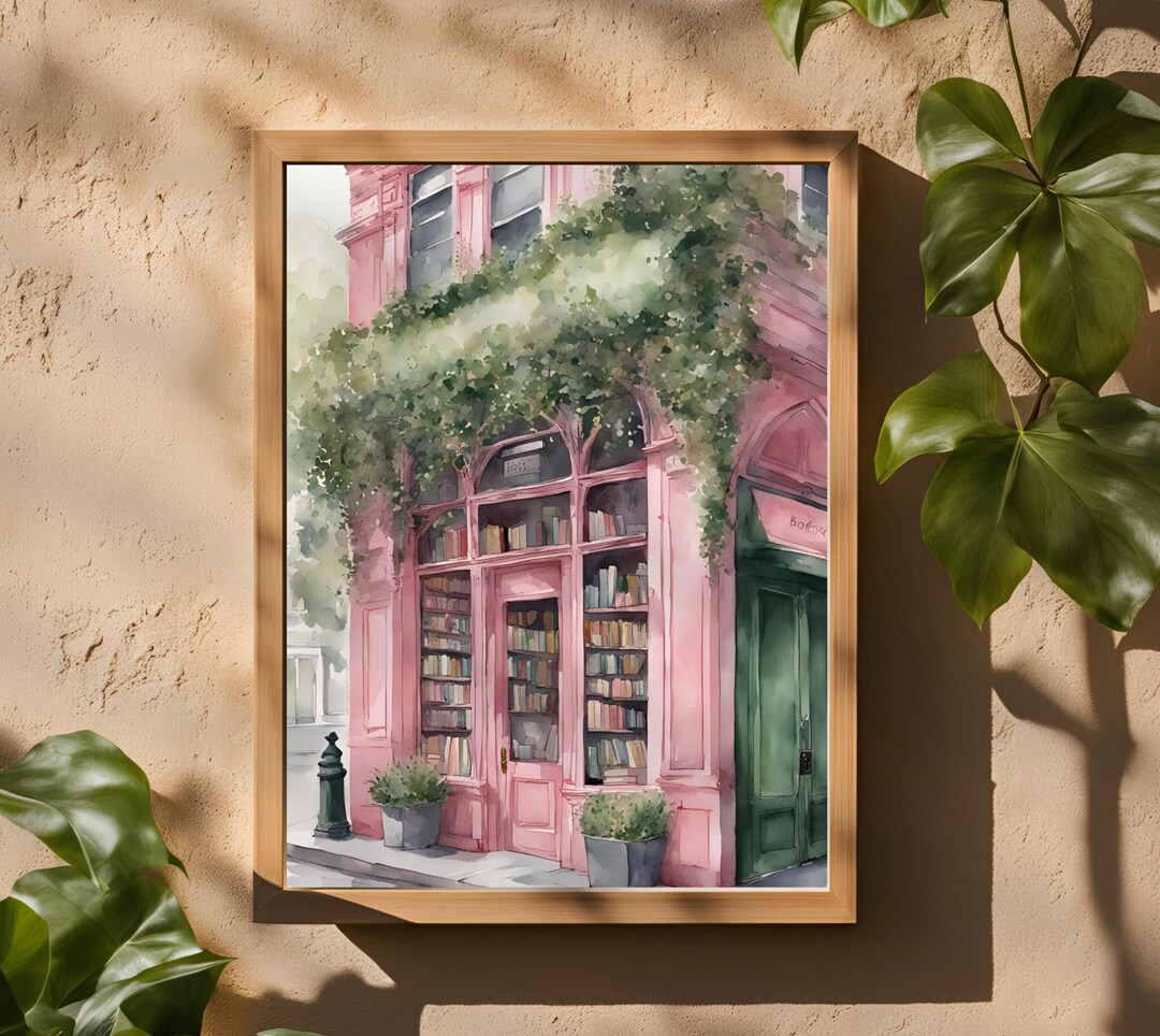 Pink Bookshop Print, Printable Cozy Bookstore Art, Gift for Bookclub ...