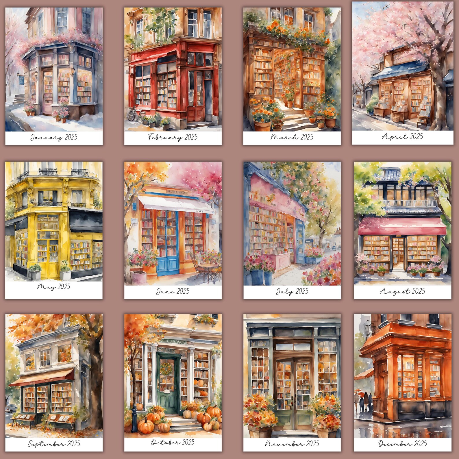 Watercolor Bookstore Print 2025 Wall Calendar, Bookshop Monthly Planner ...