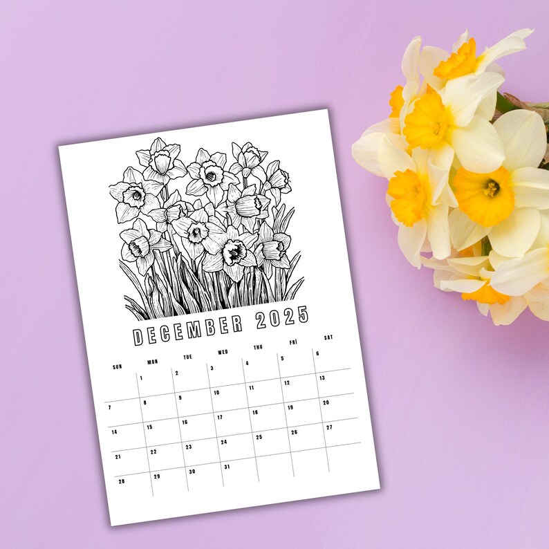 Calendario para colorear mensual 2025, imprimible con flores, flores de ...