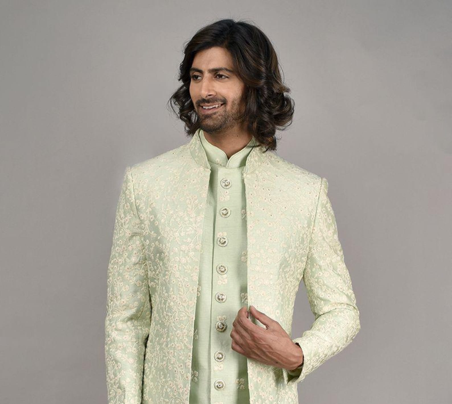 PURVAZ Mint Green Embroidered Sherwani for Men - Wedding, Engagement ...