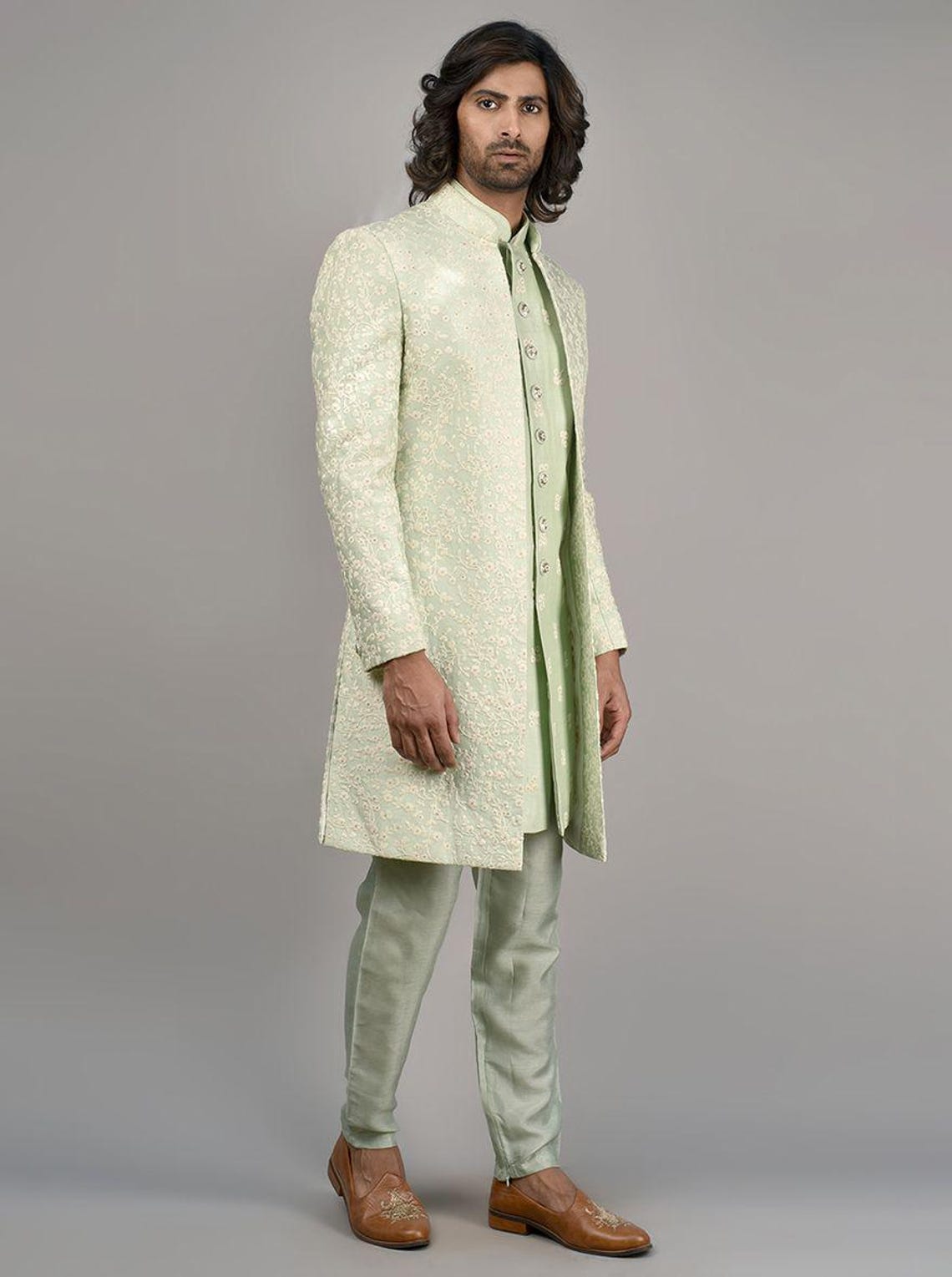 PURVAZ Mint Green Embroidered Sherwani for Men - Wedding, Engagement ...