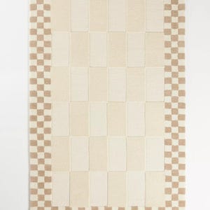 Neutral Tone Beige Rug Ivory Checkered Border Hand Tufted Rug for ...