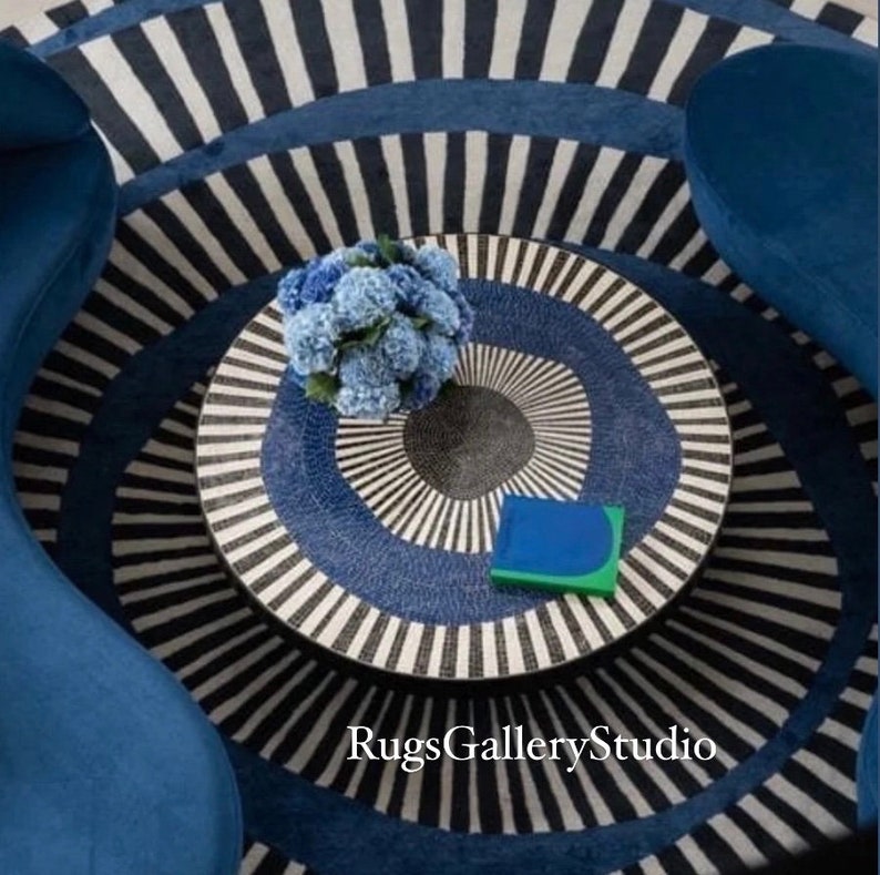 Blue Striped Pattern Colorful, Hand-tufted 100% Wool Handmade Area Rug ...