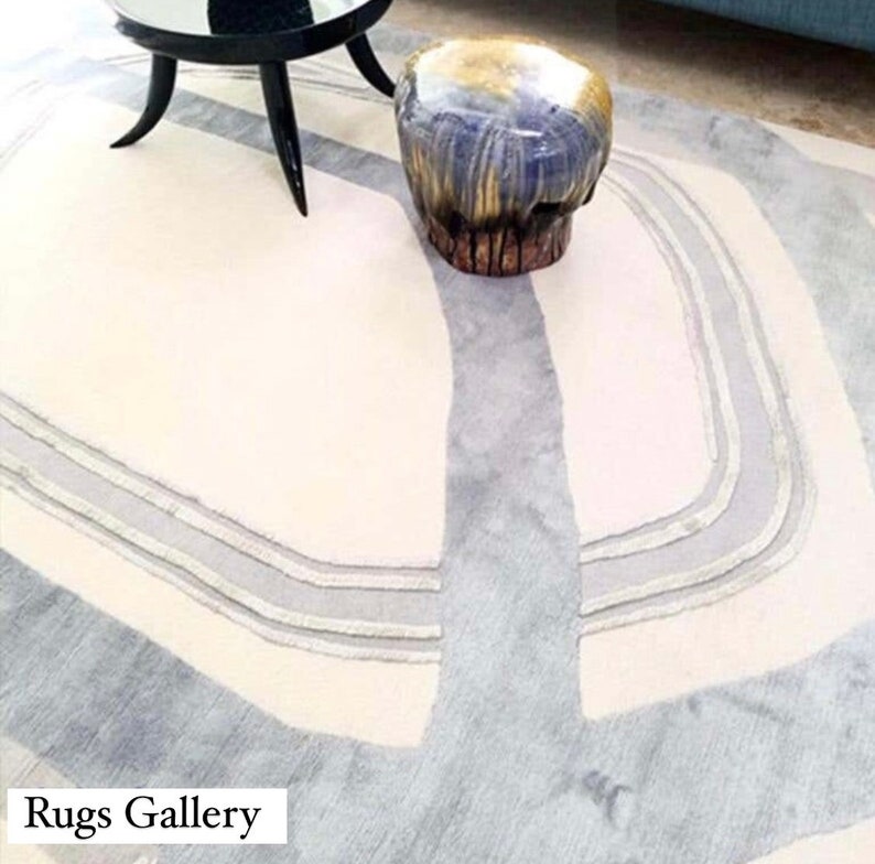 Blue Beige Abstract Hand-tufted 100% Wool Handmade Area Rug Carpet for ...