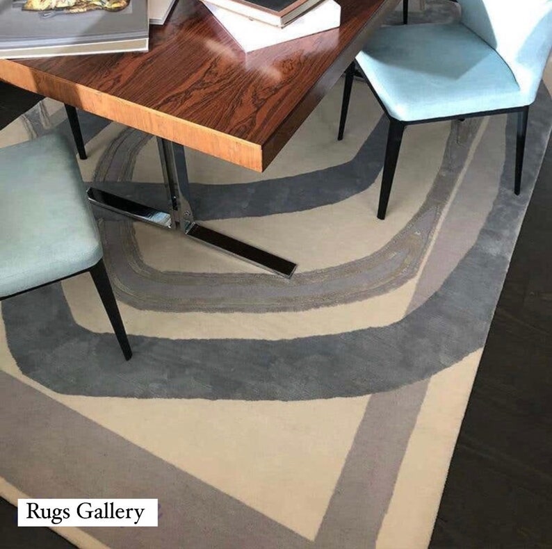 Blue Beige Abstract Hand-tufted 100% Wool Handmade Area Rug Carpet for ...