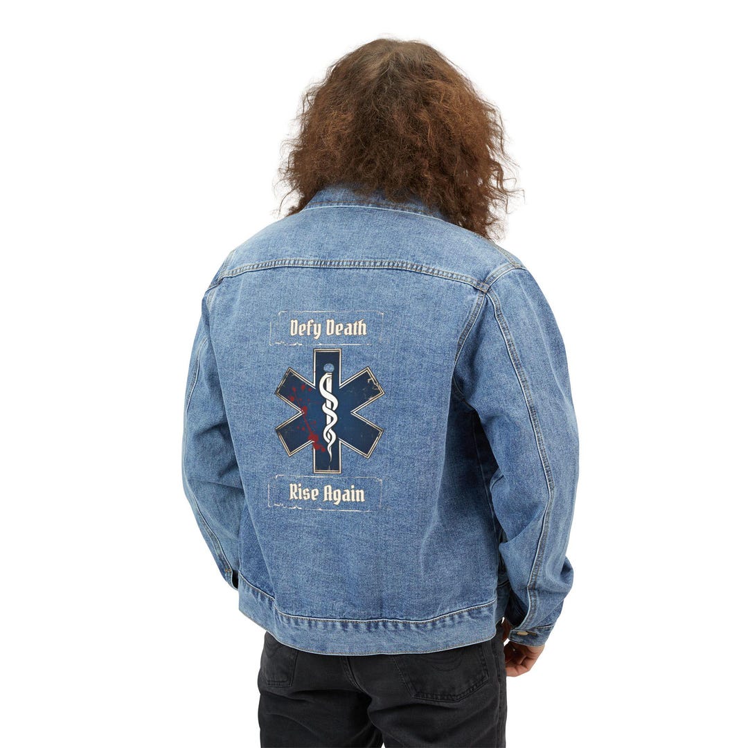 Inspirational Men EMT Paramedic Denim Jacket - Defy Death, Casual Style ...