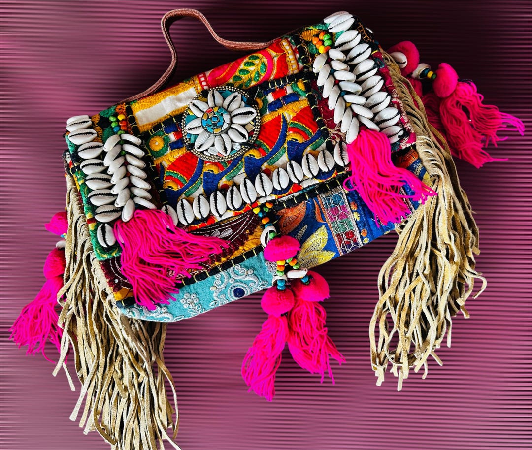 Handmade Embroidered Handbag, Boho Clutch Handbag, Pompom Clutch ...