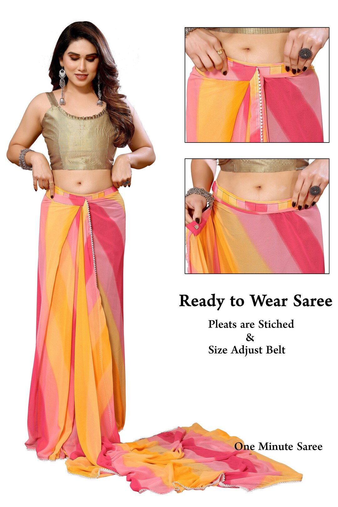 Ready to Wear Pleated Saree, Customized Fabulous Designed Pre-stitched ...