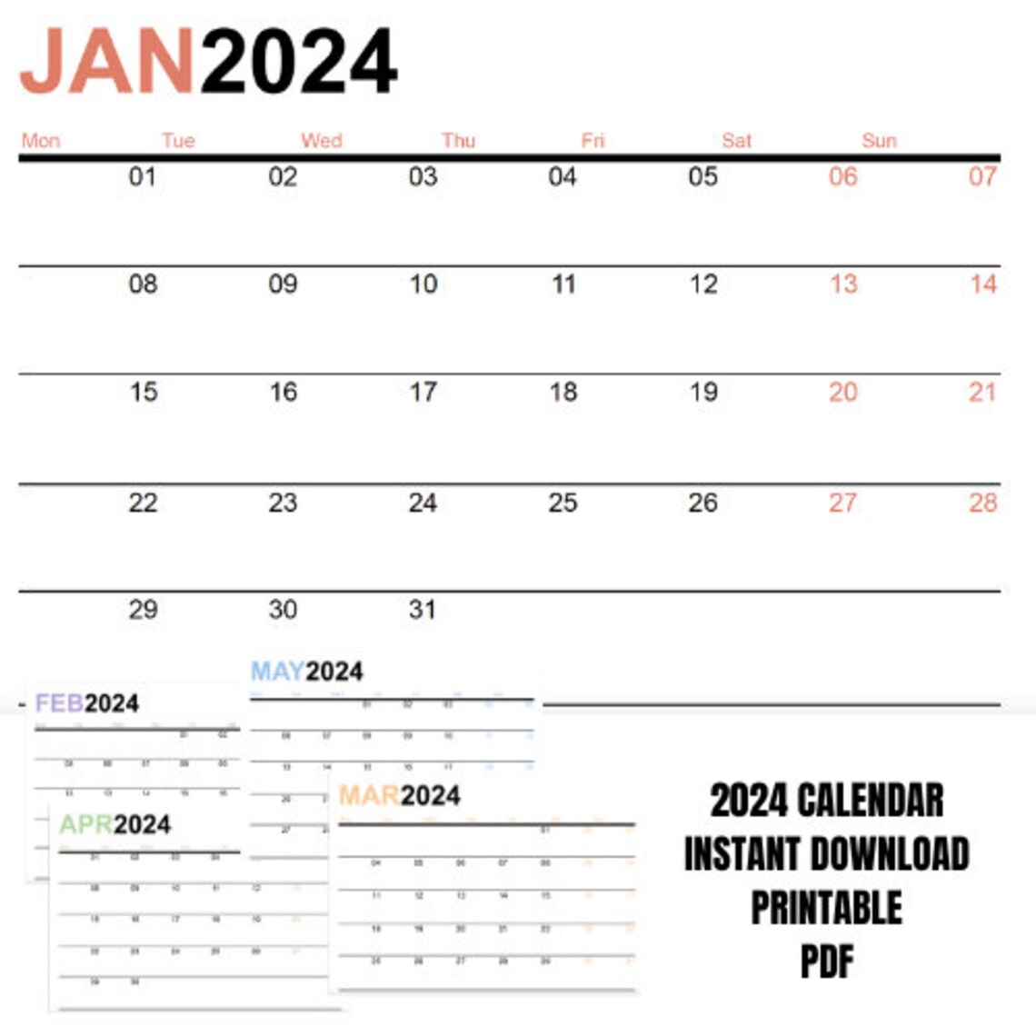 2024 Calendar Printable PDF Instant Download - Etsy