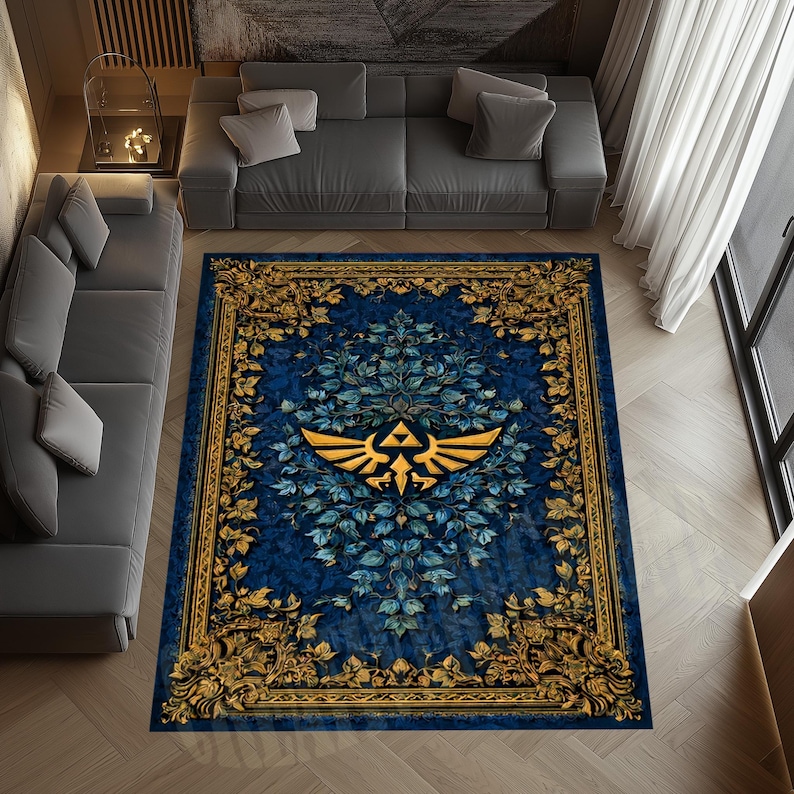 Zelda Hylian Crest Rug, Blue Gold Ornate Leaf Border Carpet, Fantasy ...
