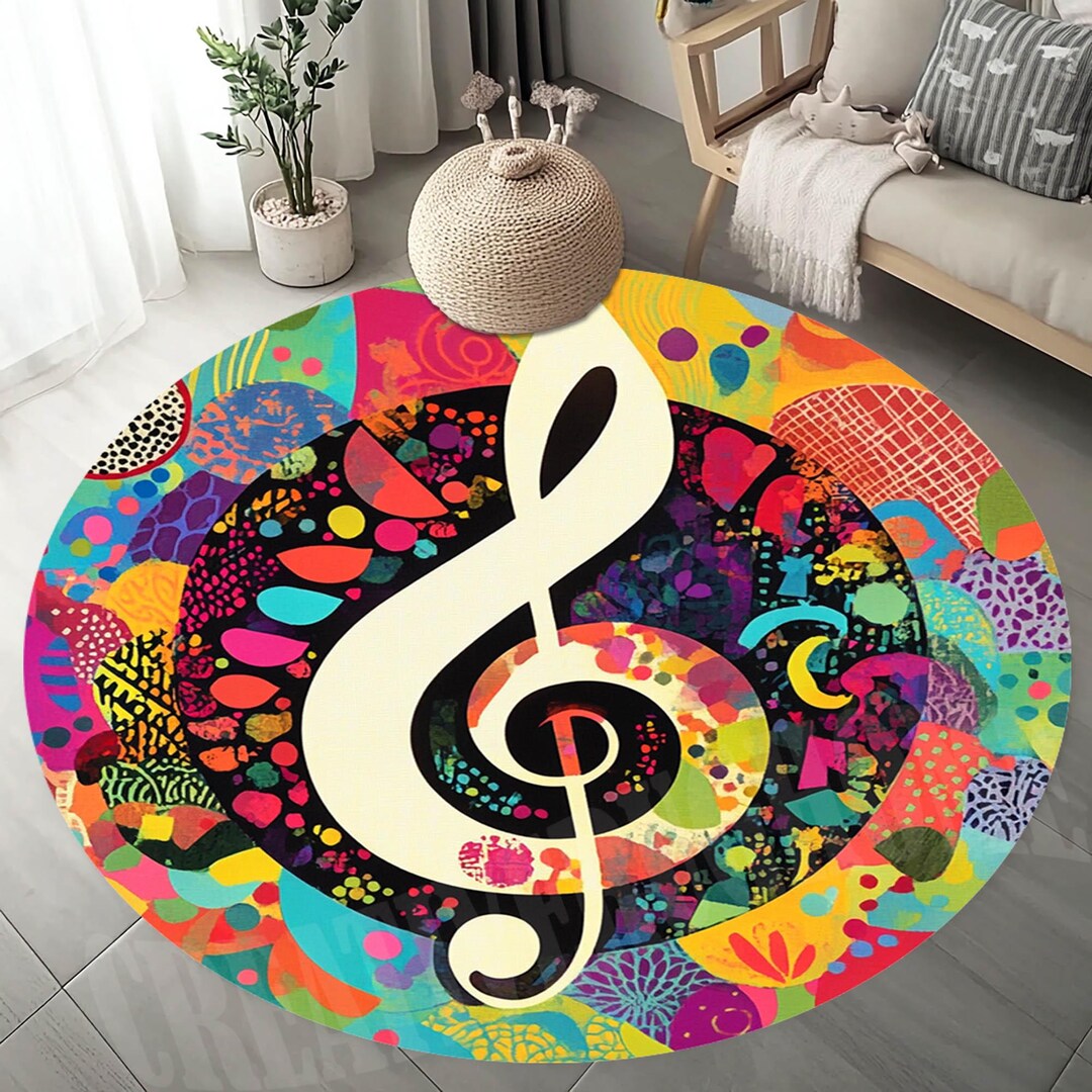 Round Music Note Rug, Colorful Music Room Decor - Etsy