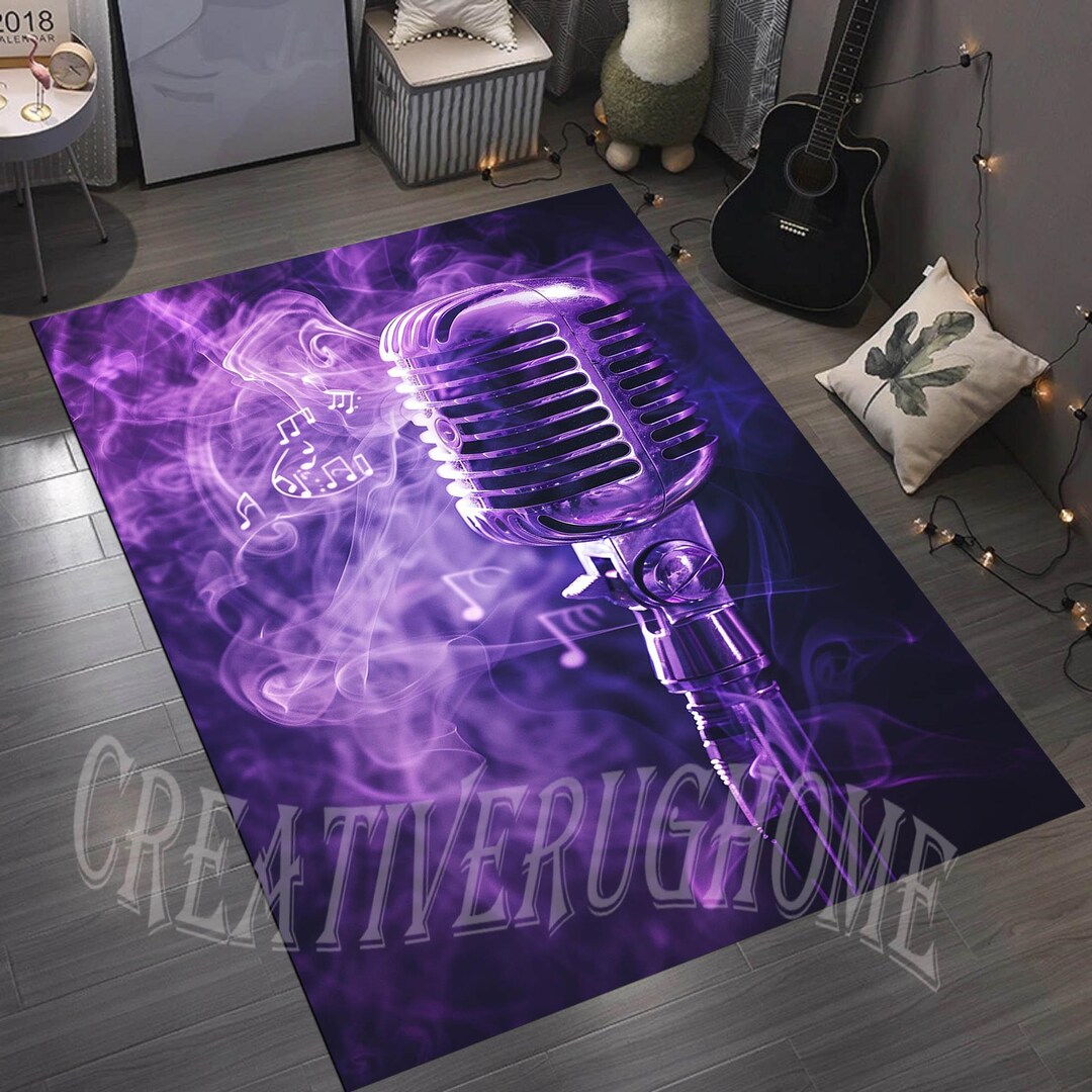 Microphone Rug, Microphone Decor Rug, Microphone Music Rug, Purple ...