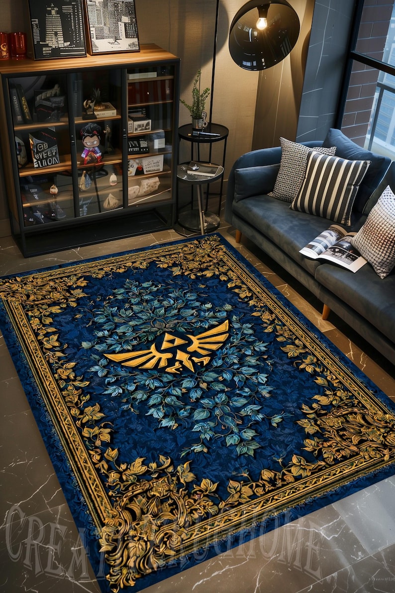 Zelda Hylian Crest Rug, Blue Gold Ornate Leaf Border Carpet, Fantasy ...