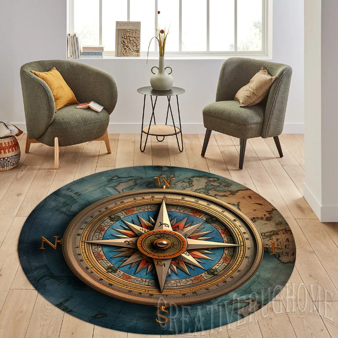 Round Compass Rug, Compass Pattern Rug, Compass Decor Rug, Compass Rug ...