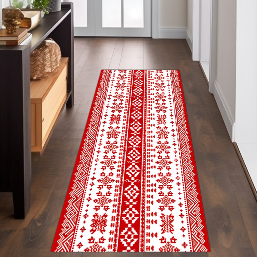 Christmas Hallway Runner Rug, Red and White Nordic Print - Etsy