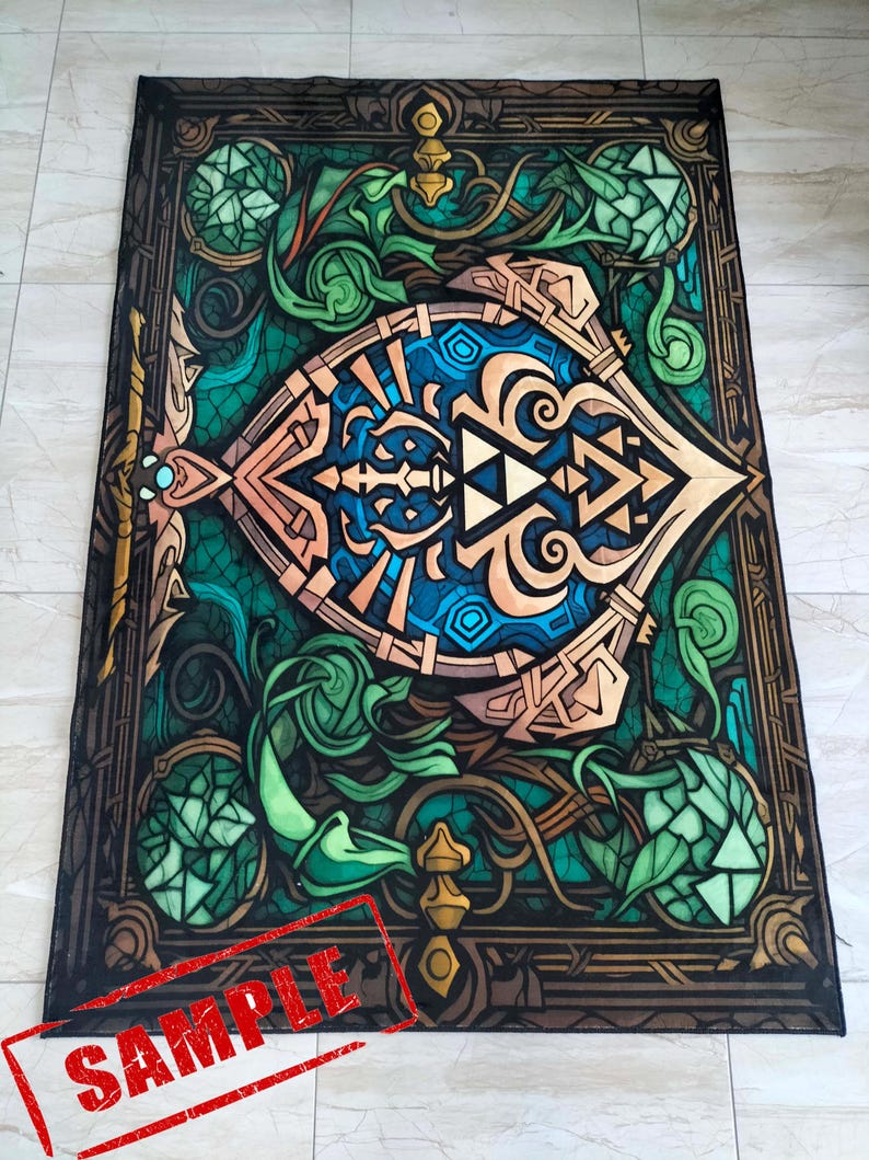 Zelda Hylian Crest Rug, Blue Gold Ornate Leaf Border Carpet, Fantasy ...