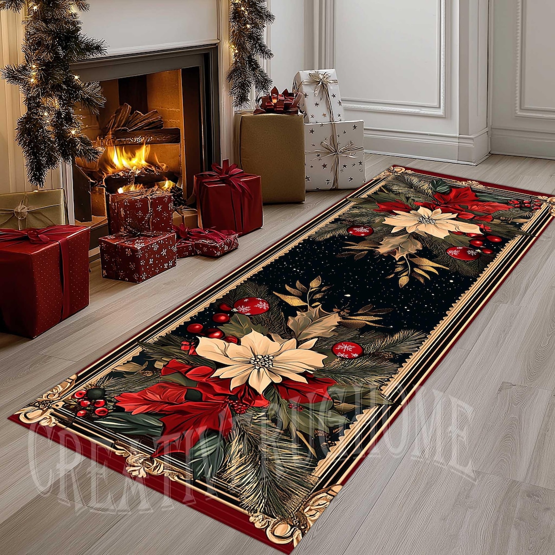 Poinsettia Rug, Poinsettia Runner Rug, Christmas Poinsettia Rug ...