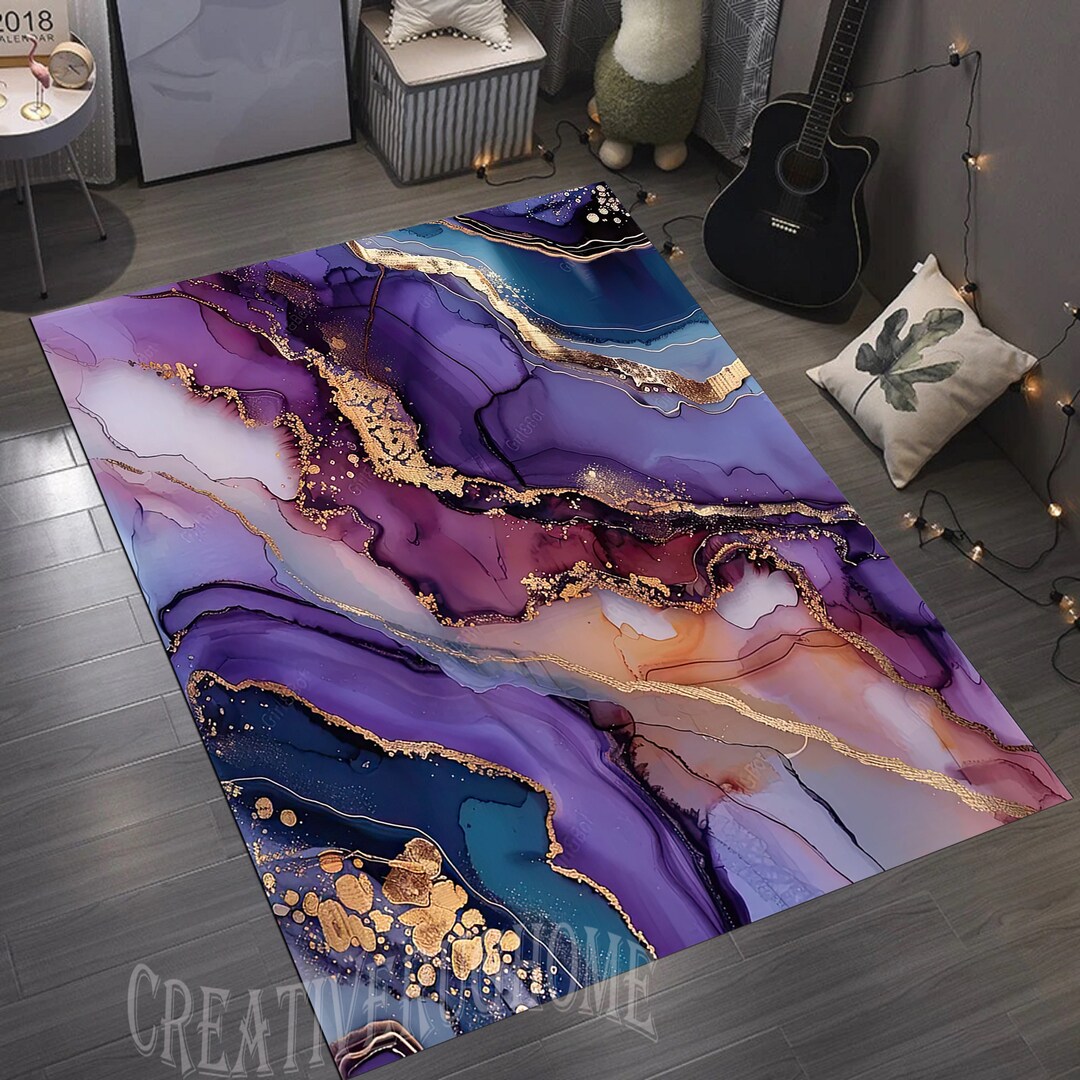 Marble Rug, Purple Marble Themed Rug,purple Gold Marble Rug, Marble ...