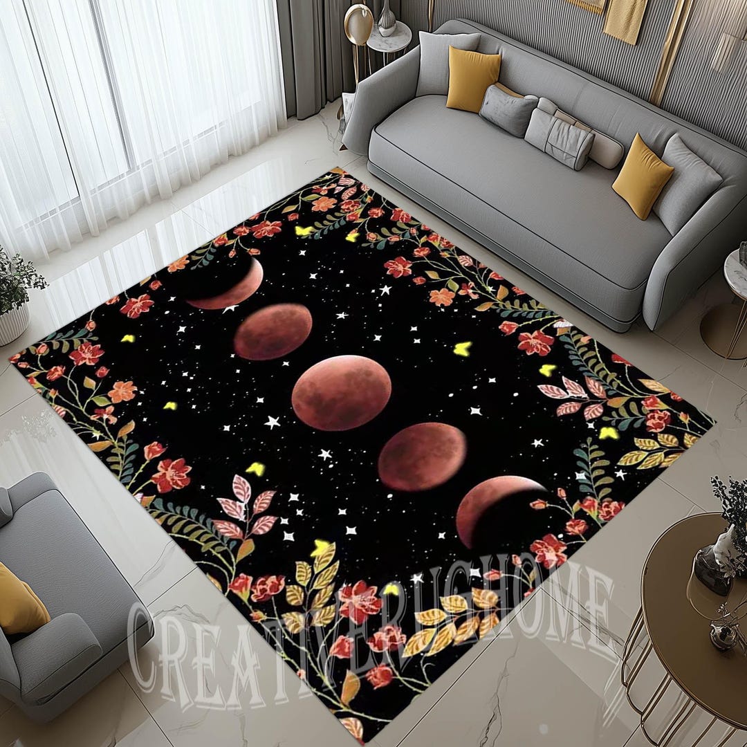 Moon Phases Rug, Moon Decor Rug, Moon Area Rug, Celestial Rug With ...