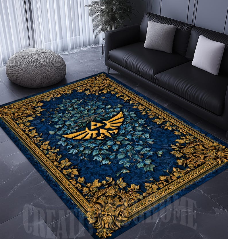 Zelda Hylian Crest Rug, Blue Gold Ornate Leaf Border Carpet, Fantasy ...