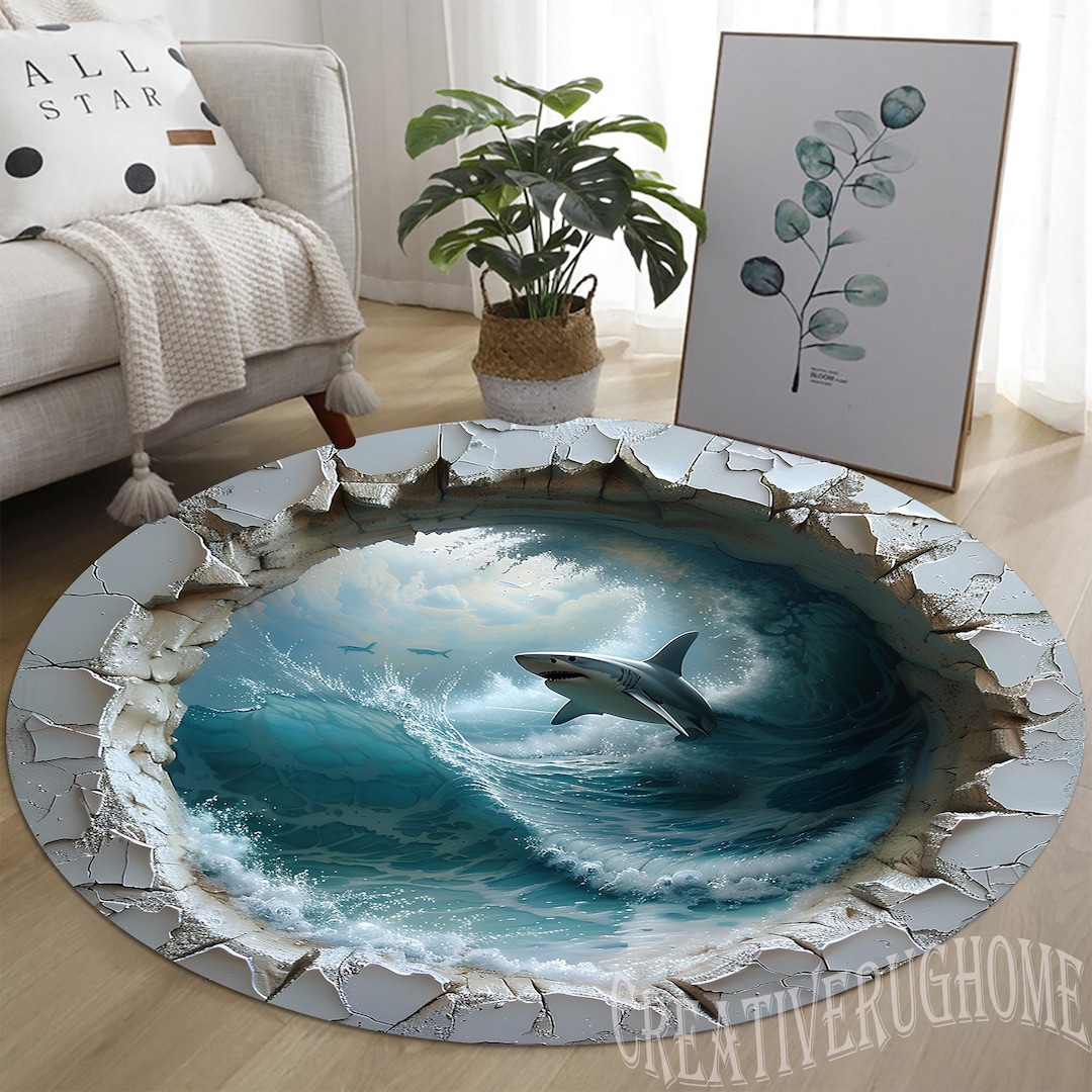 Shark, Shark Pattern Rug, Crack 3d Rug, Round Sea Rug, Modern Round Rug ...