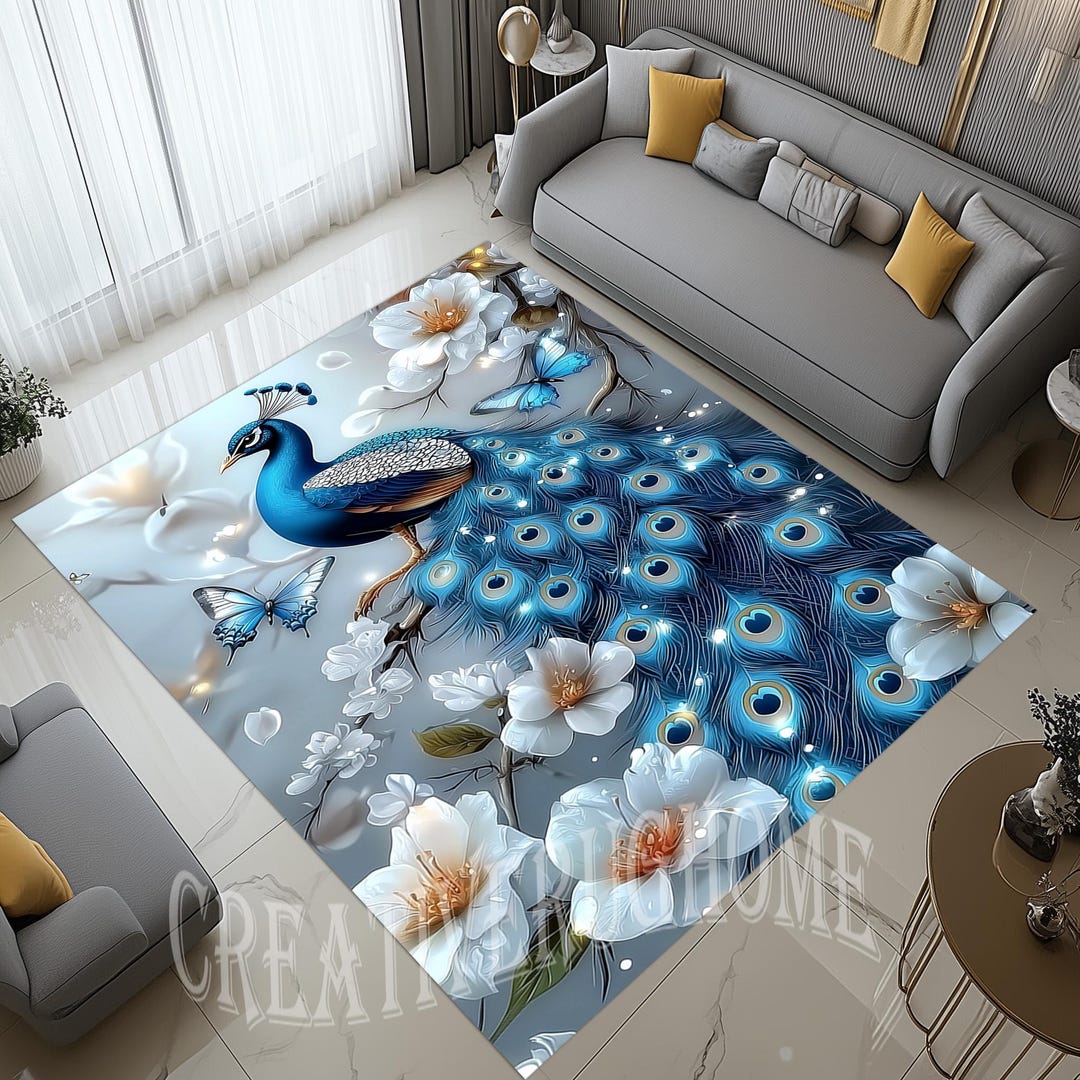Blue Peacock Rug, Peacock Patterned Rug, Animal Decor Rug, Peacock ...