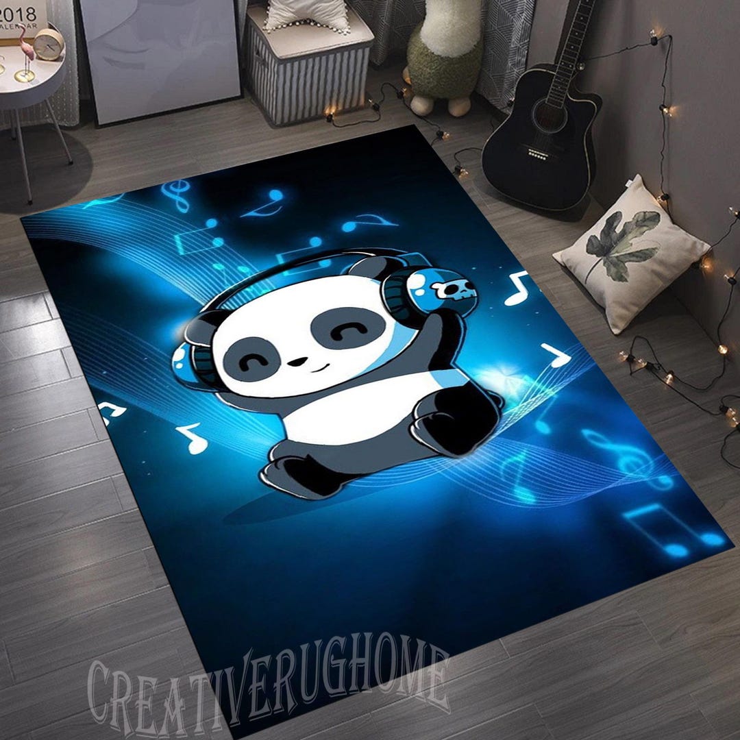 Panda Rug, Cute Panda Rug, Music Design Rug, Blue Animal Rug, Gift ...