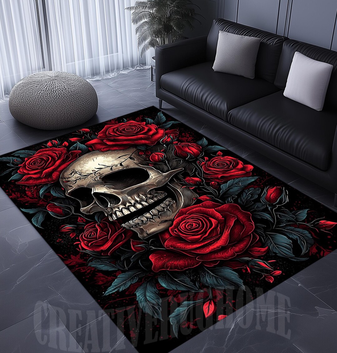 Skull Rug, Skull Pattern Rug, Red Rose Rug,flower Skull Decor Rug,rose ...