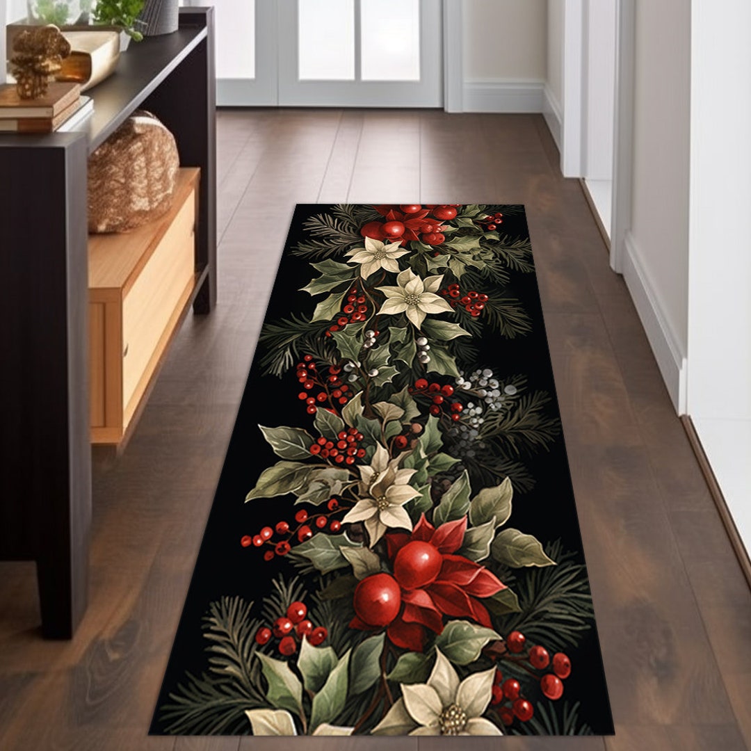 Poinsettia Christmas Rug, Holiday Runner Rug - Etsy