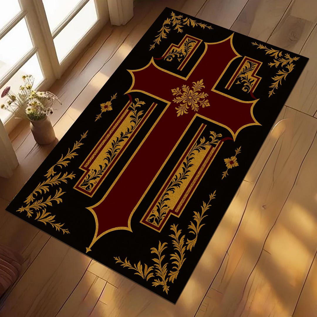 Catholic Prayer Rug, Ornate Cross Design, Personalized Christian Mat - Etsy