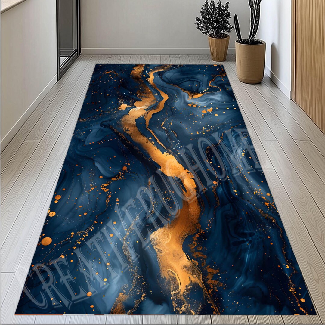Marble Rug, Gold and Blue Marble Runner Rug, Gold Marble Long Rug ...