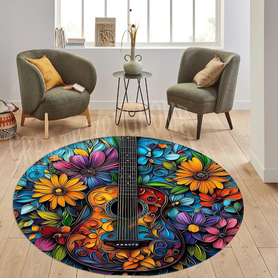 Floral Guitar Round Rug, Colorful Music Room Decor - Etsy UK