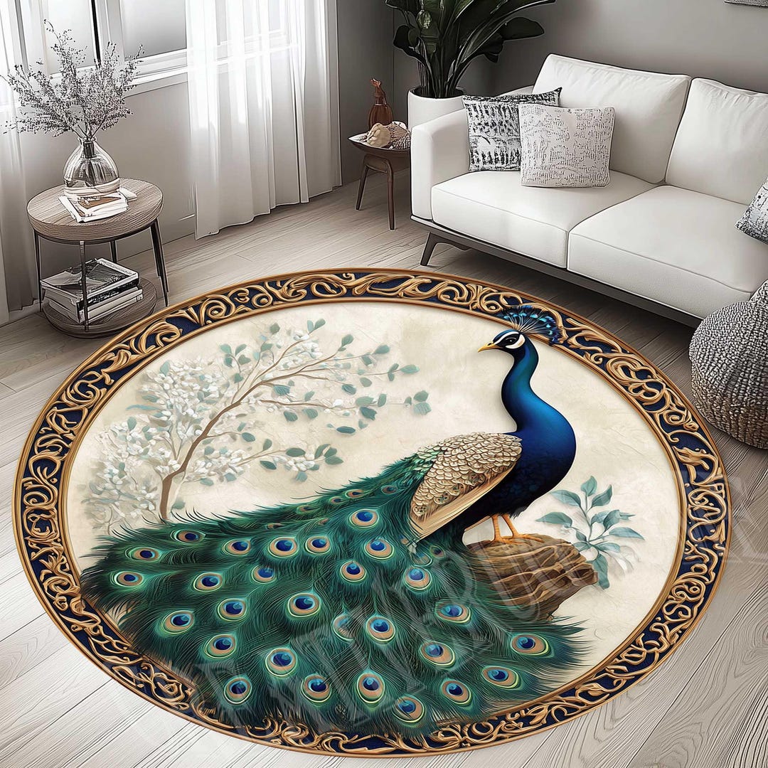 Peacock Rug, Peacock Patterned Rug, Round Peacock Rug, Peacock Feather ...