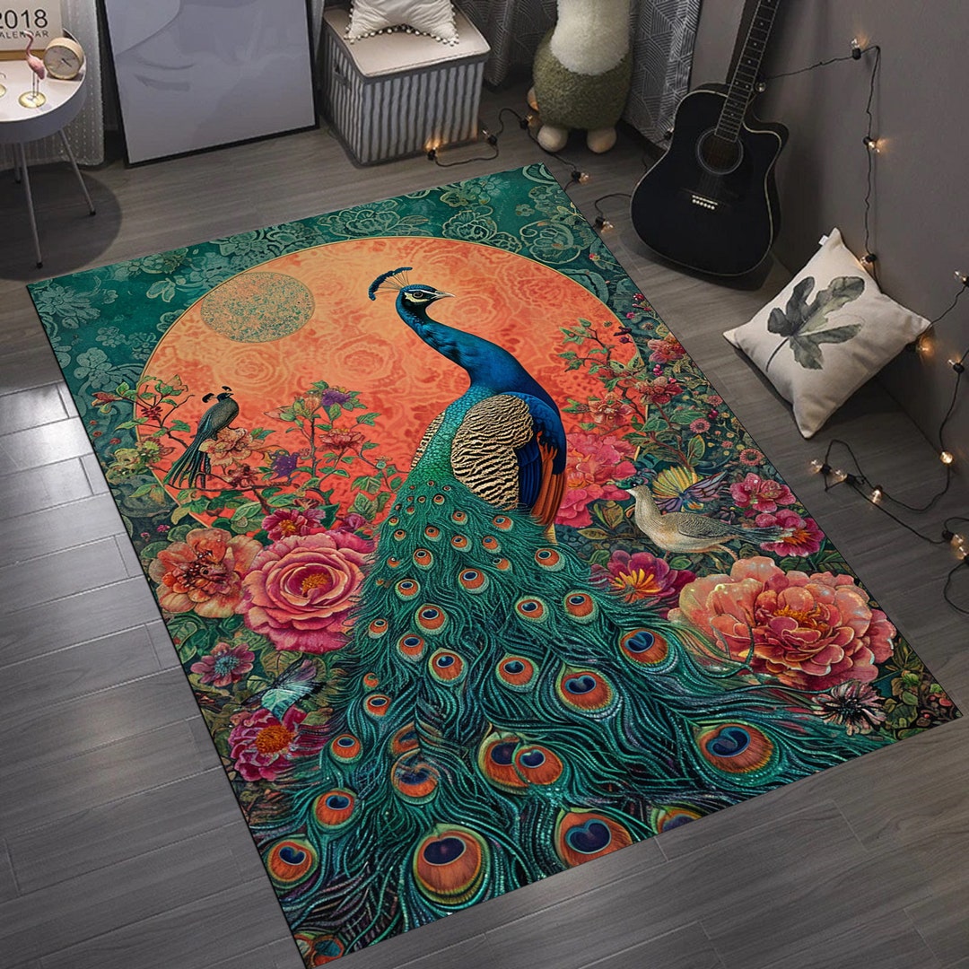Peacock Rug, Peacock Patterned Rug, Animal Decor Rug, Decorative Rug ...