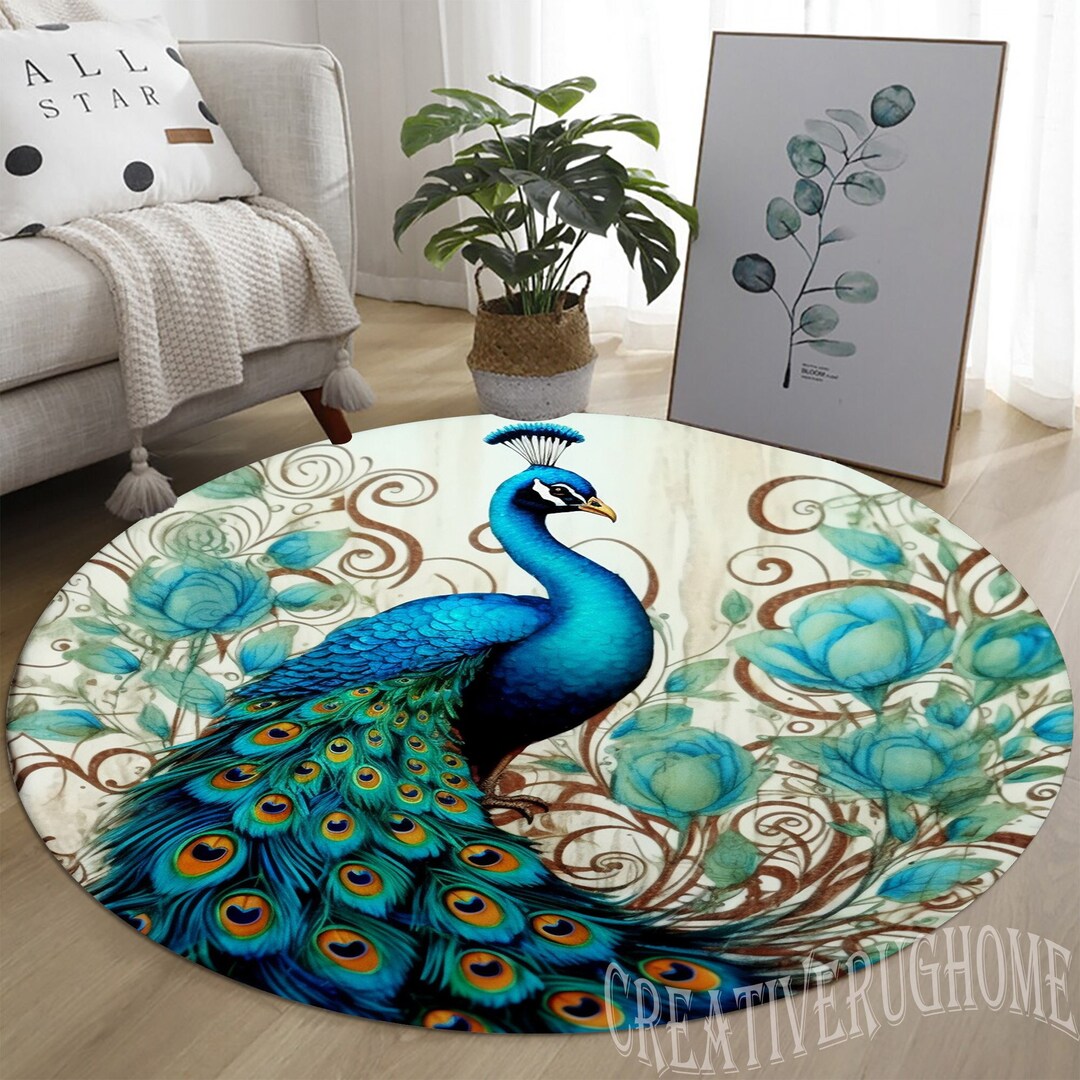 Peacock Rug, Peacock Patterned Rug, Round Peacock Rug, Peacock Feather ...