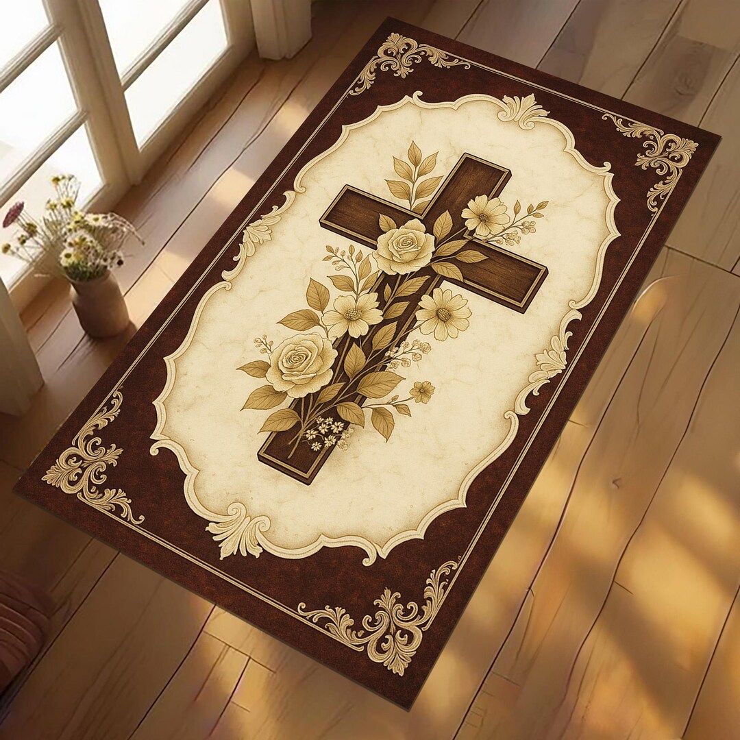 Personalized Christian Prayer Rug, Floral Cross, Catholic Gift - Etsy